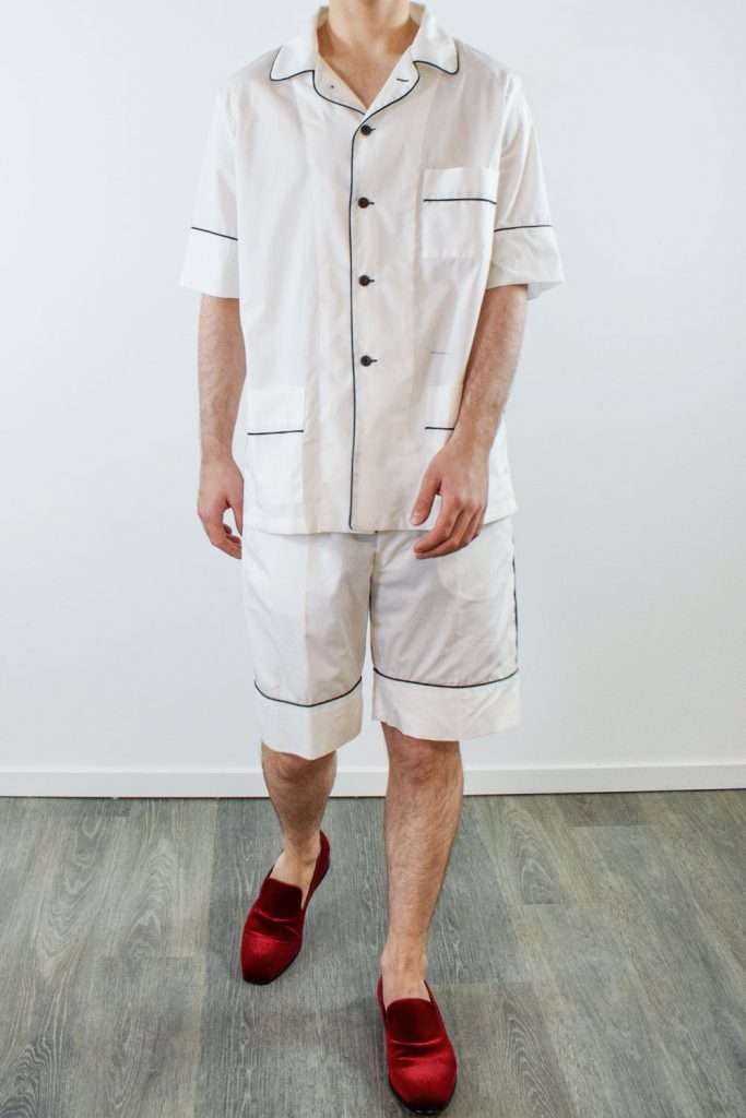 Mens Pure Cotton Pajamas Set Piped PJs White Baturina Homewear