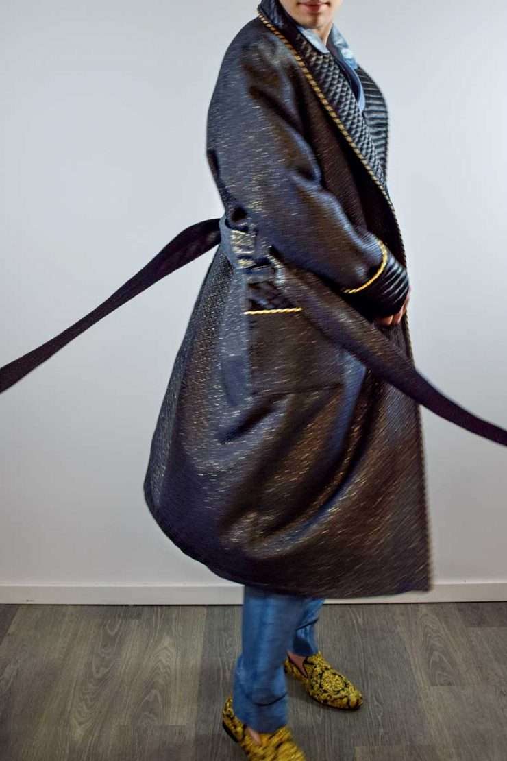 Men’s Dressing Gown Dark Blue Gold Metallic Brocade - Sample Sale ...