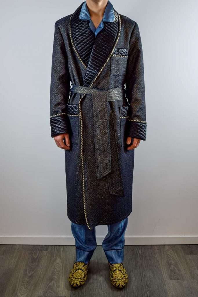 Men’s Dressing Gown Dark Blue Gold Metallic Brocade - Sample Sale ...