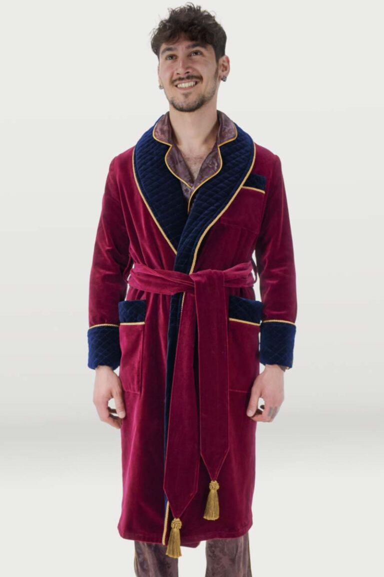 Men's Burgundy Velvet Dressing Gown Robe Smoking Jacket | Baturina Homewear