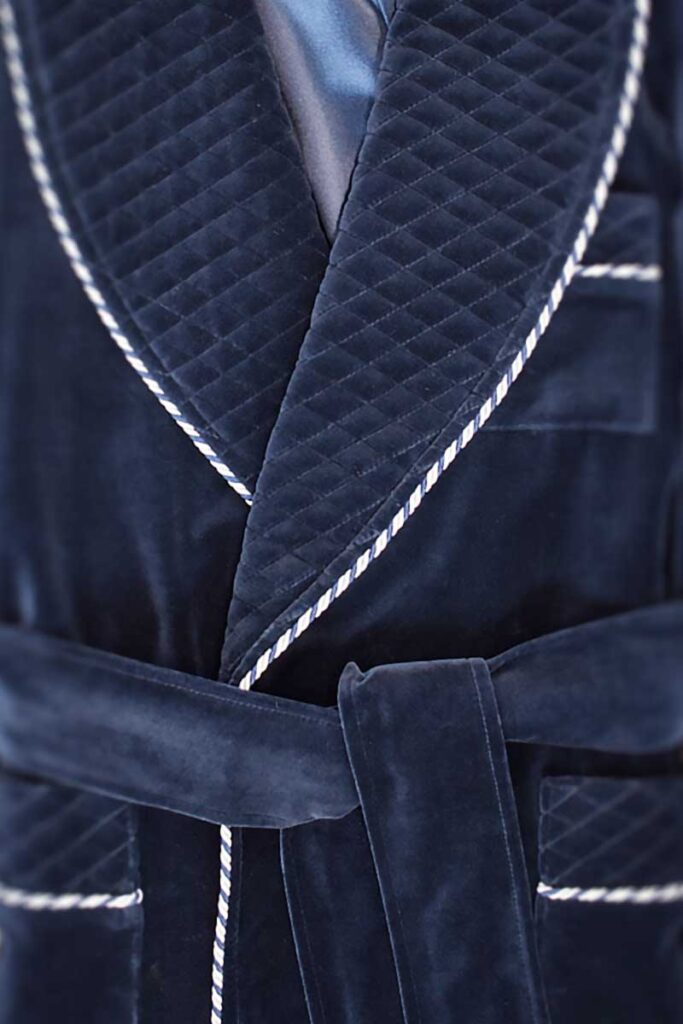 Men's Smoking Jacket Navy Velvet With Striped Piping | Baturina Homewear