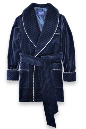 Men's Smoking Jacket Navy Velvet With Striped Piping | Baturina Homewear