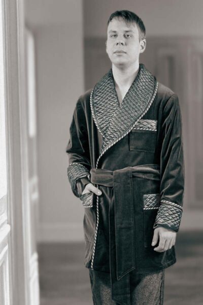Mens Silk Smoking Jacket Velvet Cigar Robe Purple Gold | Baturina Homewear